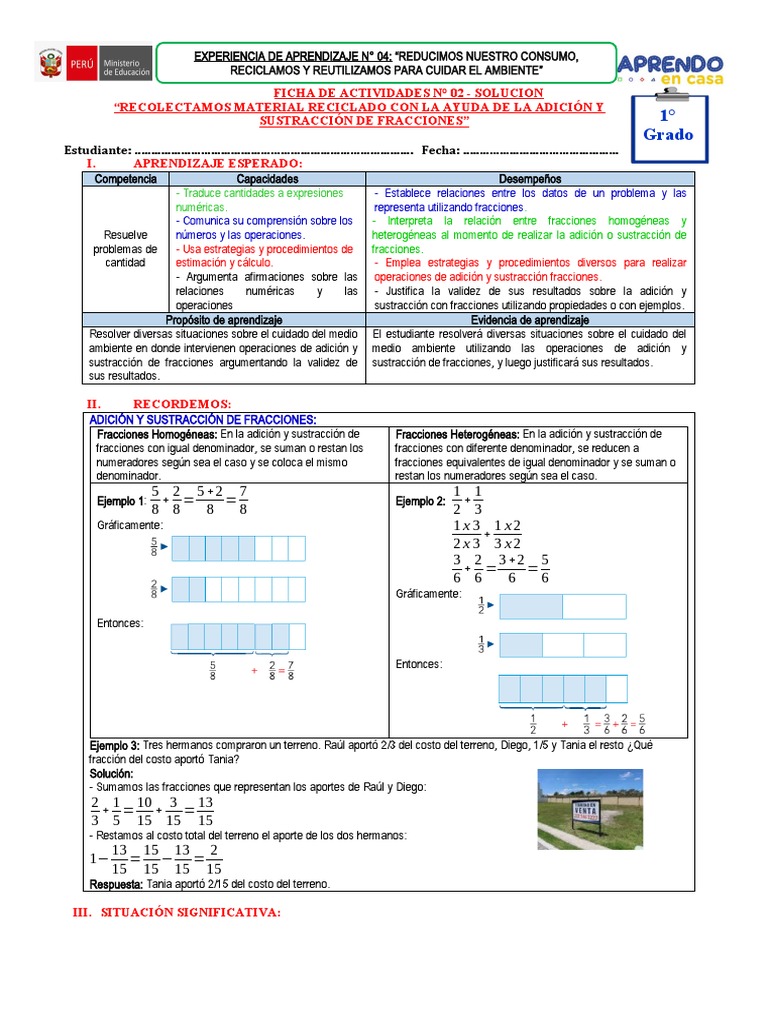 Solucion Ficha 2 - 1ero - Exp 4 | PDF | Sustracción | Aprendizaje