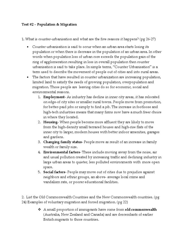 Test #2 - Population & Migration | PDF | Human Migration | Urbanization