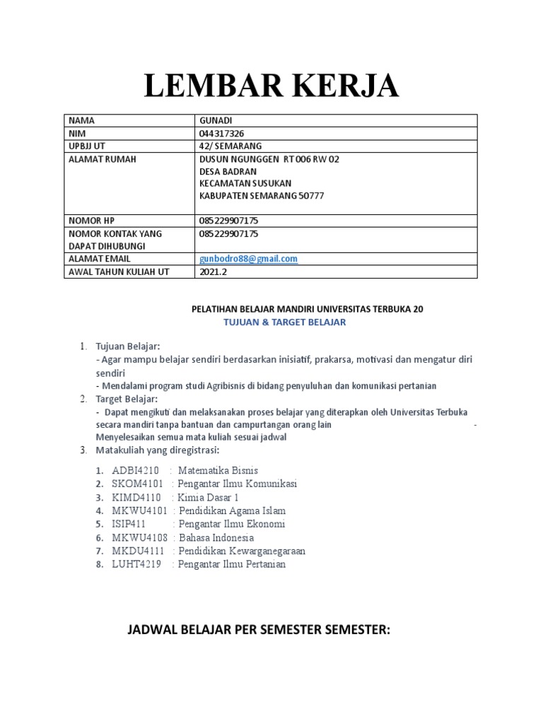 Target dan Jadwal Belajar Mingguan UT | PDF