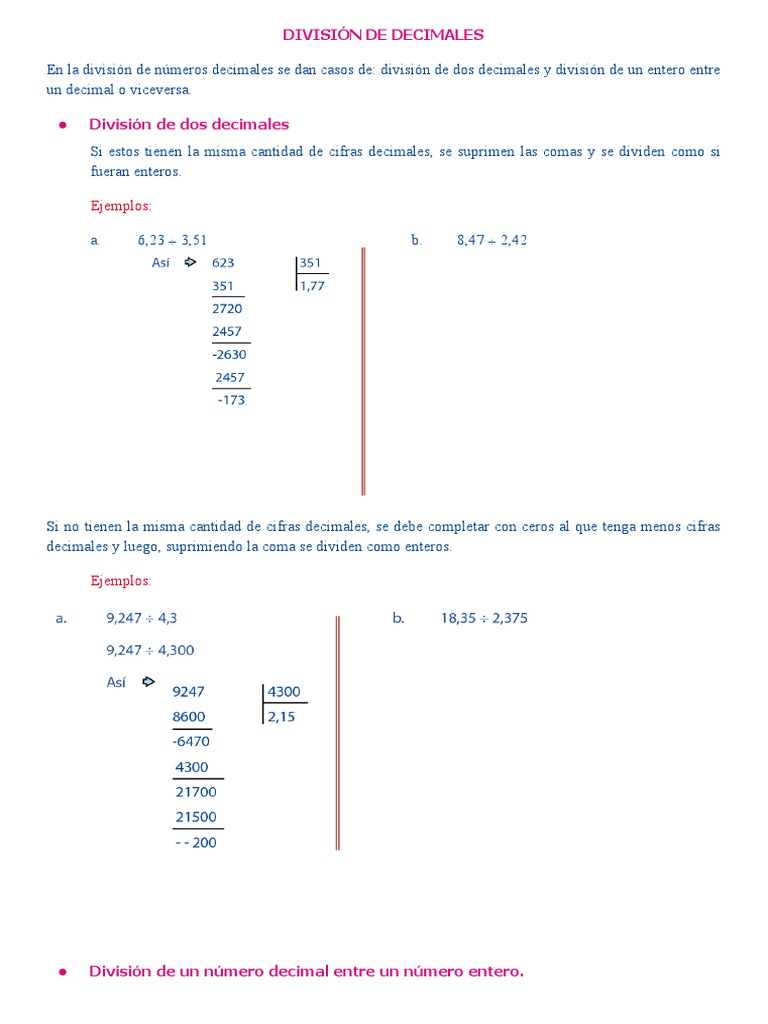 Hoja De Trabajo De División De Decimales, Quinto Grado 50 Ejercicios