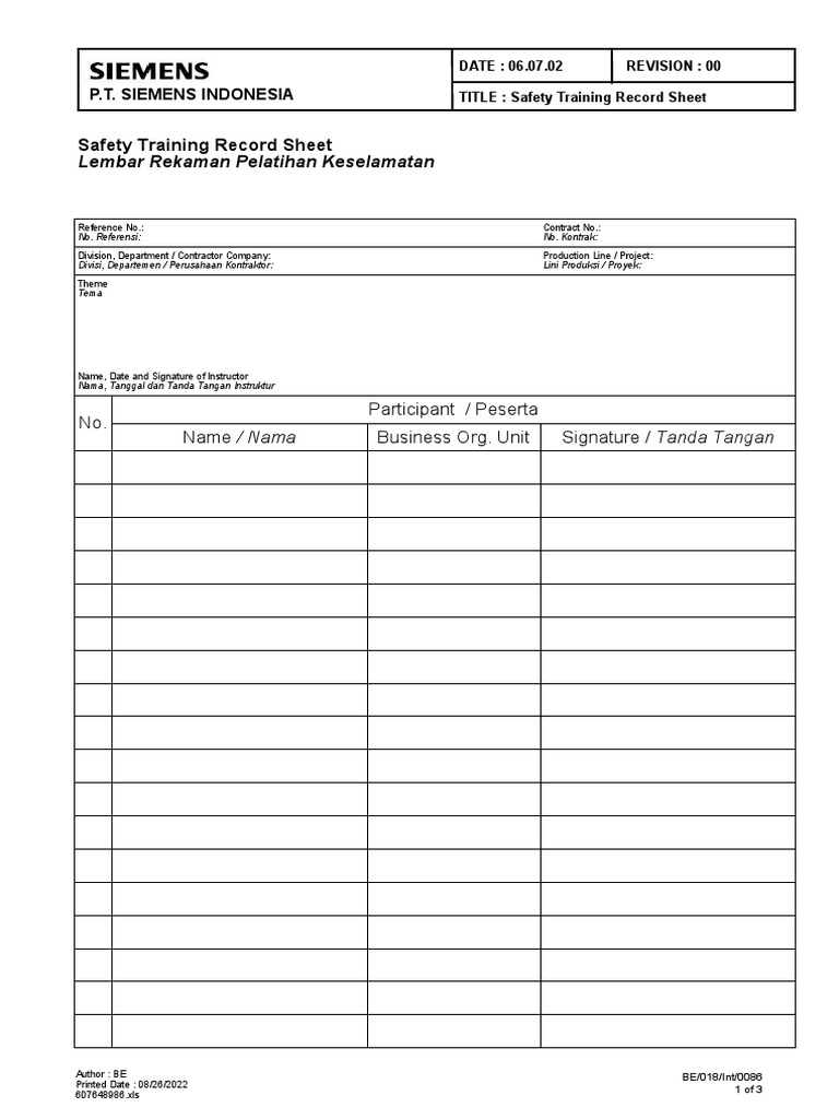 18 OHSE 02.01 Safety Training Record Sheet | PDF | Technology & Engineering