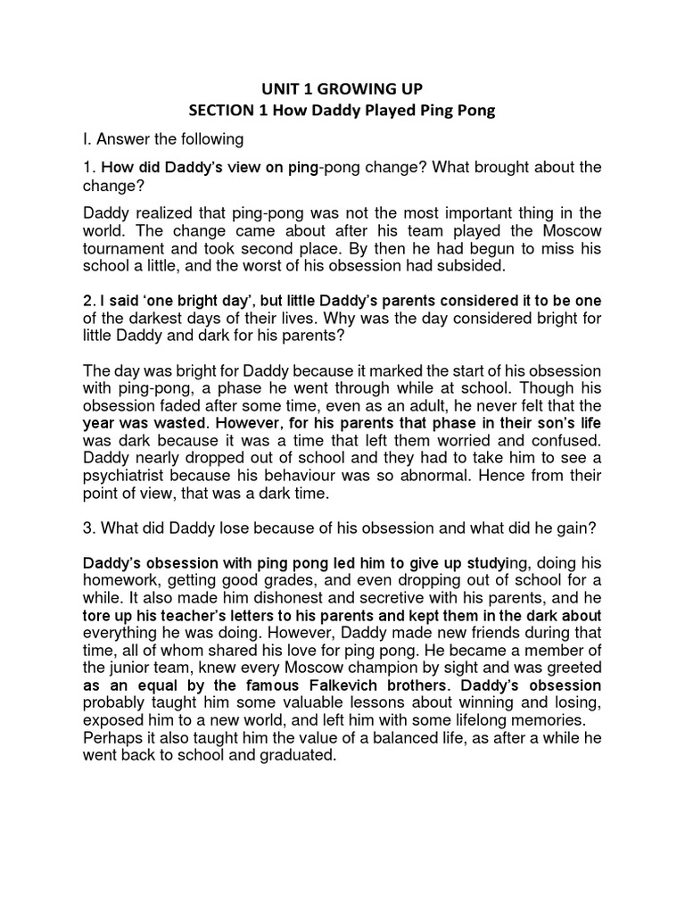 Unit 1 How Daddy Played Ping Pong Notes Pdf