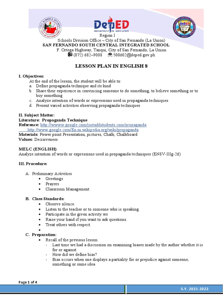 English 8 Cot Lesson Plan | PDF | Propaganda | Advertising