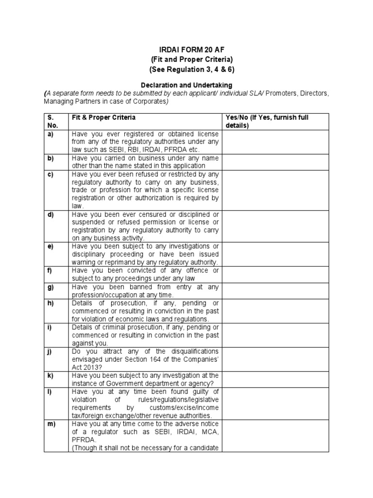 IRDAI Form 20 AF: Fit and Proper Criteria | PDF | Justice | Crime ...