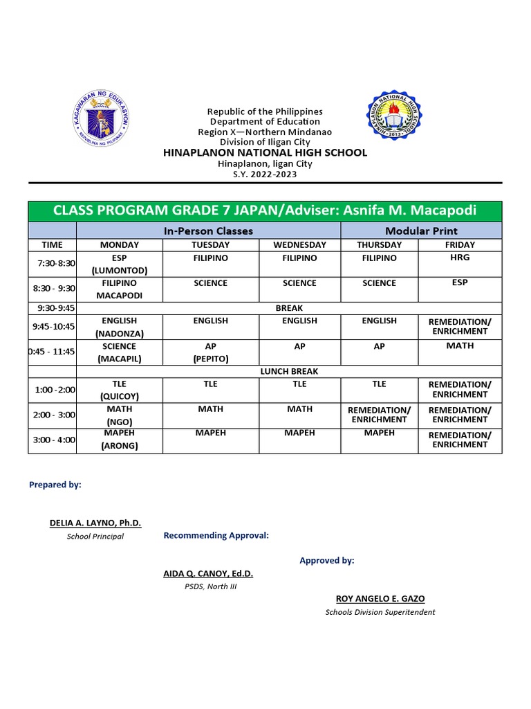 CLASS PROGRAM GRADE 7 JAPAN/Adviser: Asnifa M. Macapodi: Hinaplanon National High School | PDF
