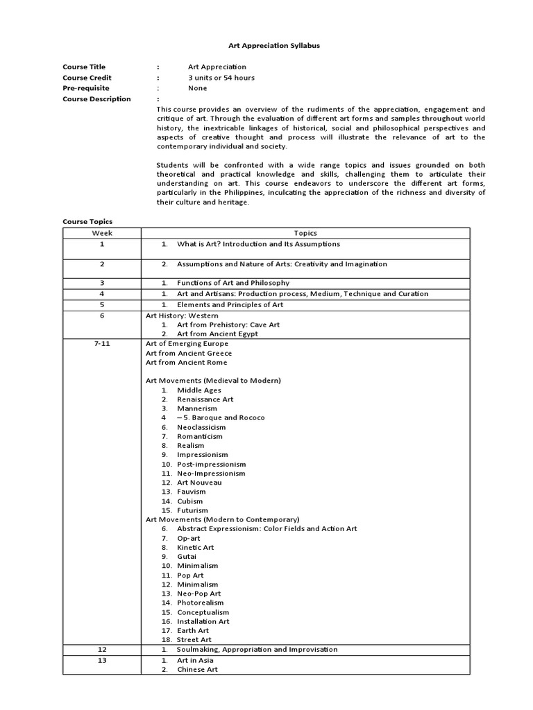 Art Appreciation Syllabus | PDF | Aesthetics | The Arts