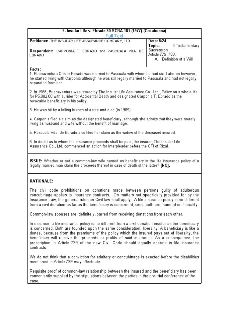Insular Life v. Ebrado 80 SCRA 181 (1977) | PDF | Life Insurance ...