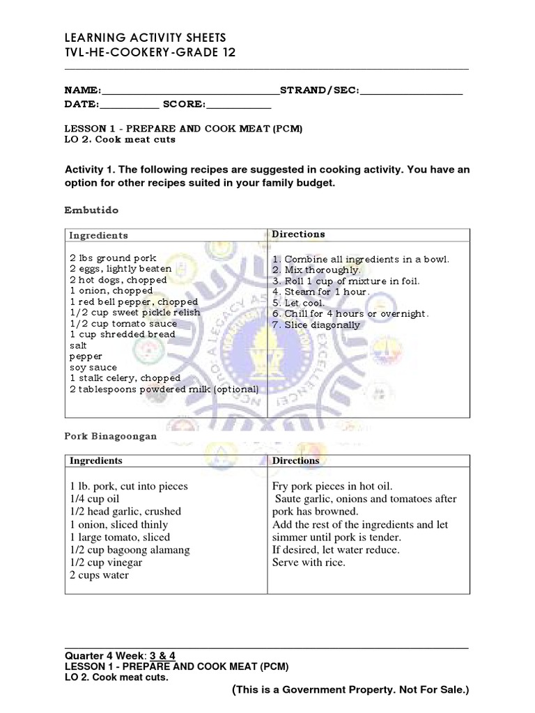 Learning Activity Sheets Tvl-He-Cookery-Grade 12: Embutido | PDF ...