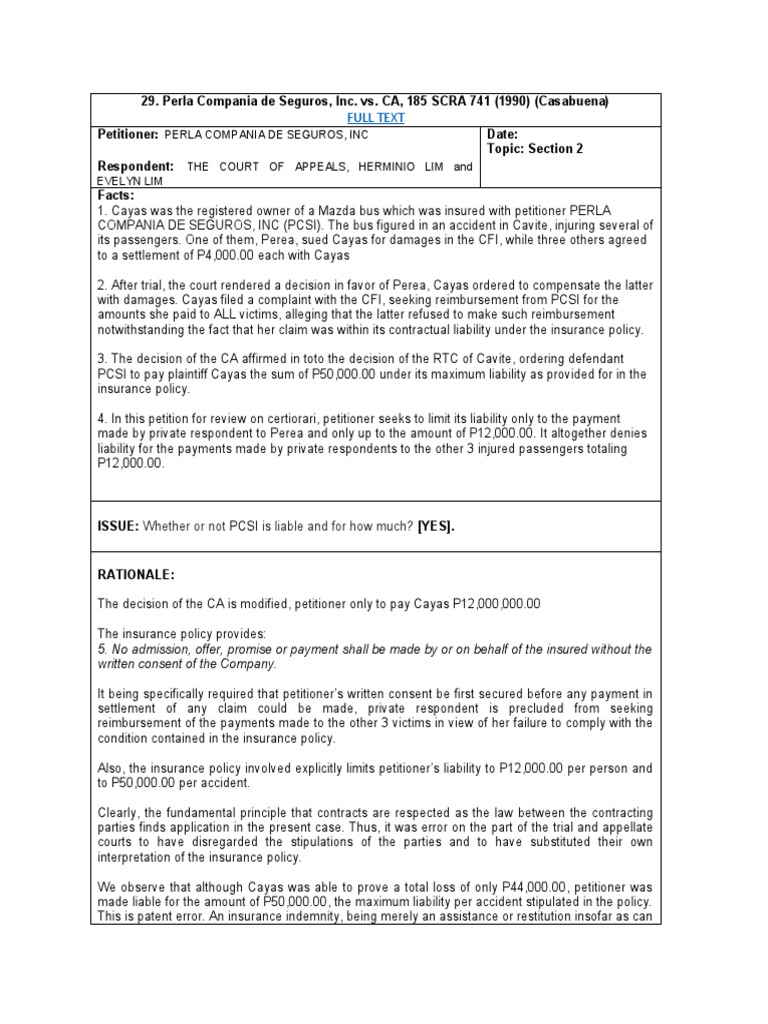 Perla Insurance Liability Case Summary | PDF | Insurance | Legal Liability