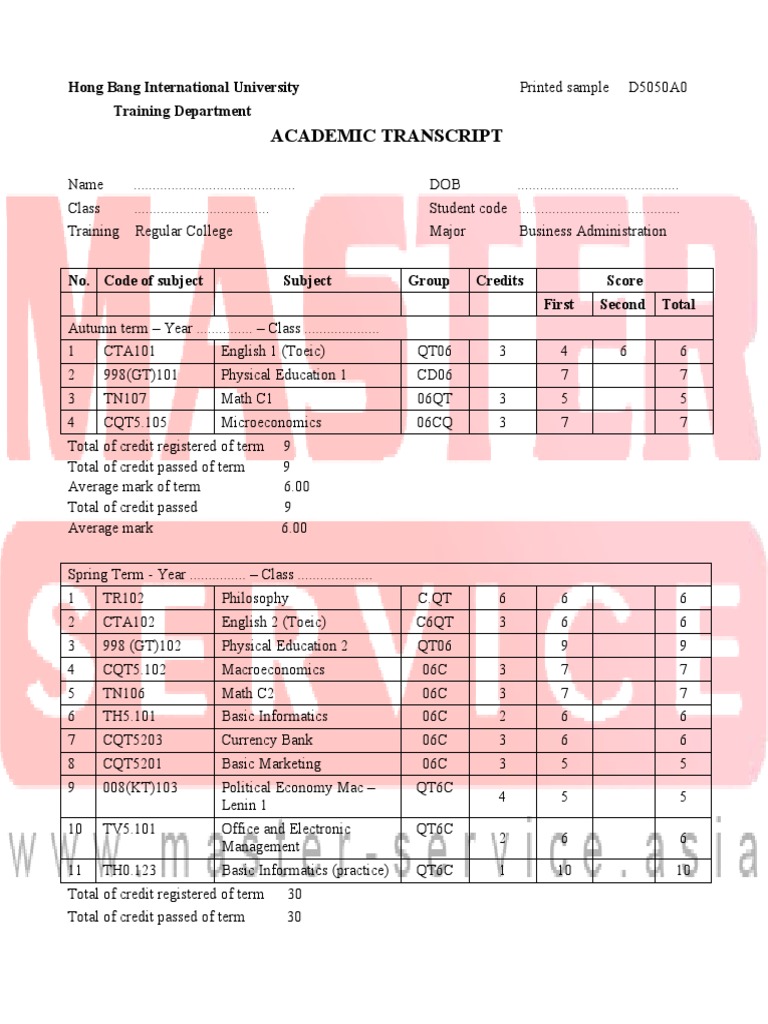 Academic Transcript: Hong Bang International University Training Department | Download Free PDF ...