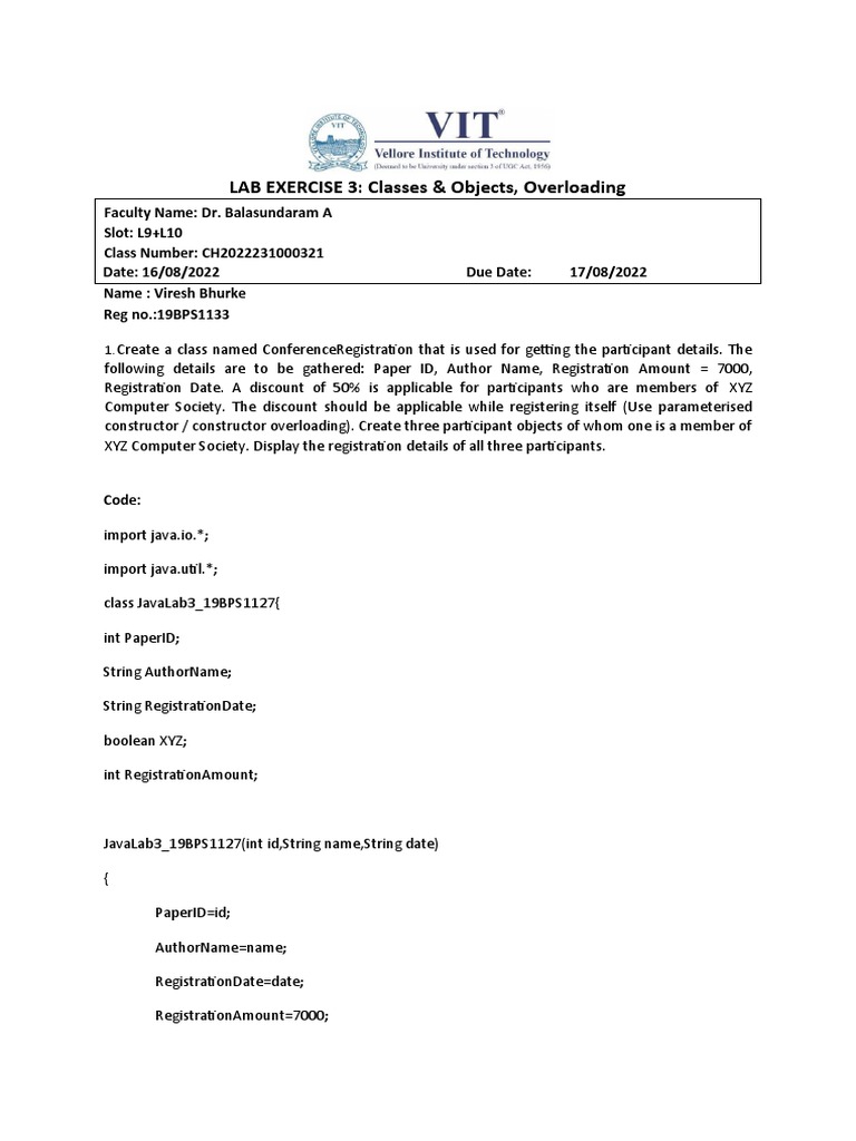LAB EXERCISE 3: Classes & Objects, Overloading | PDF | Constructor (Object Oriented Programming ...