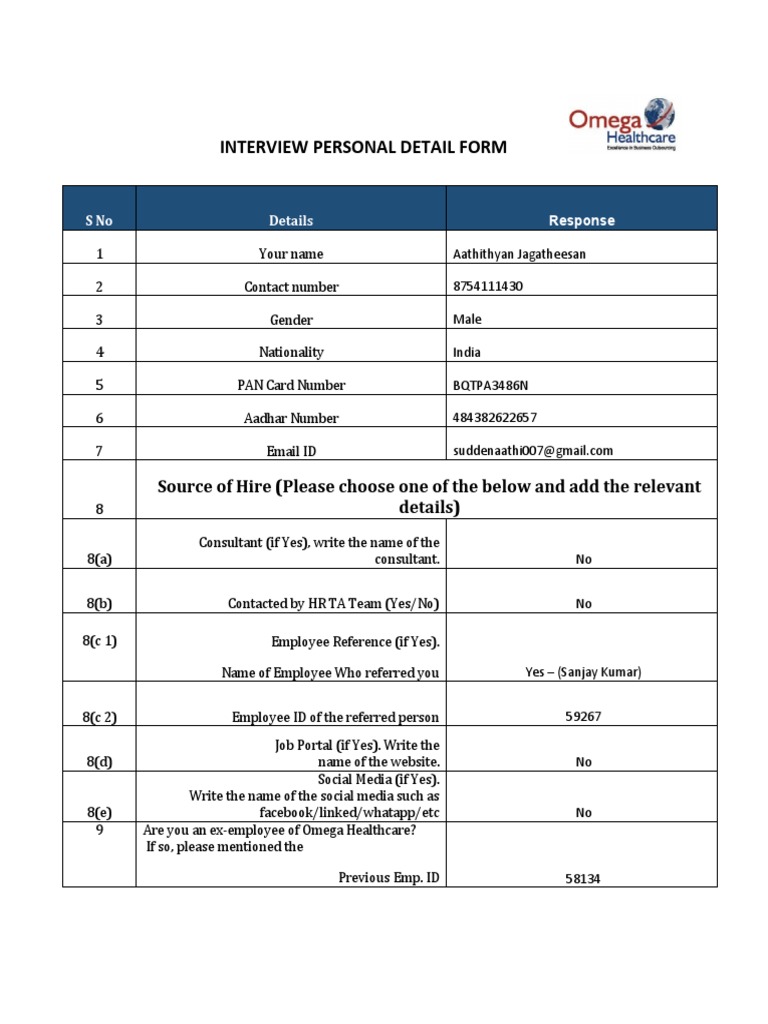 Interview Personal Detail Form: Source of Hire (Please Choose One of ...