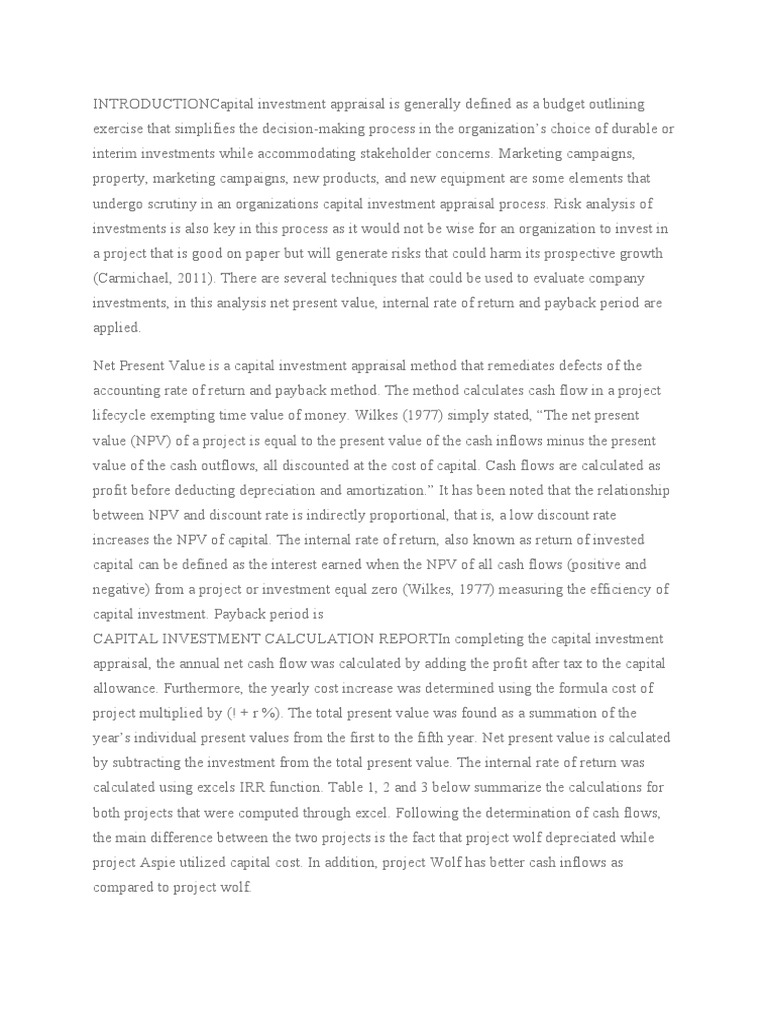 Capital Investment Appraisal Techniques and Project Selection | PDF | Net Present Value ...