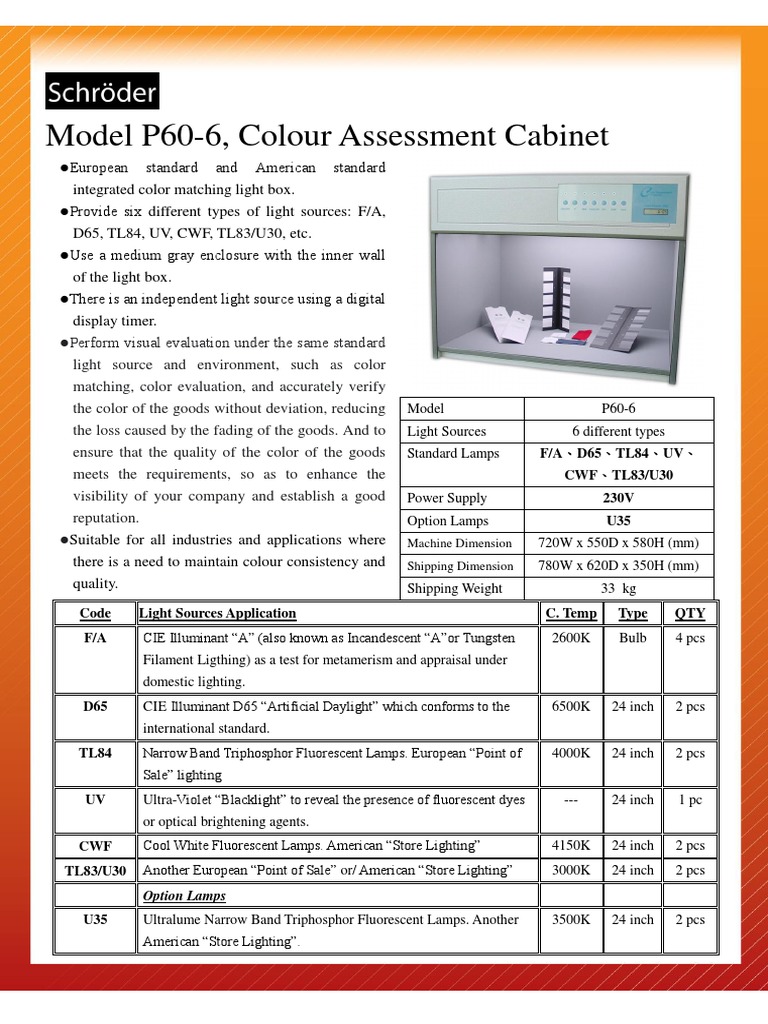 Model P60-6, Colour Assessment Cabinet: F/A、D65、TL84、UV、 CWF、TL83/U30 230V U35 | PDF | Lighting ...