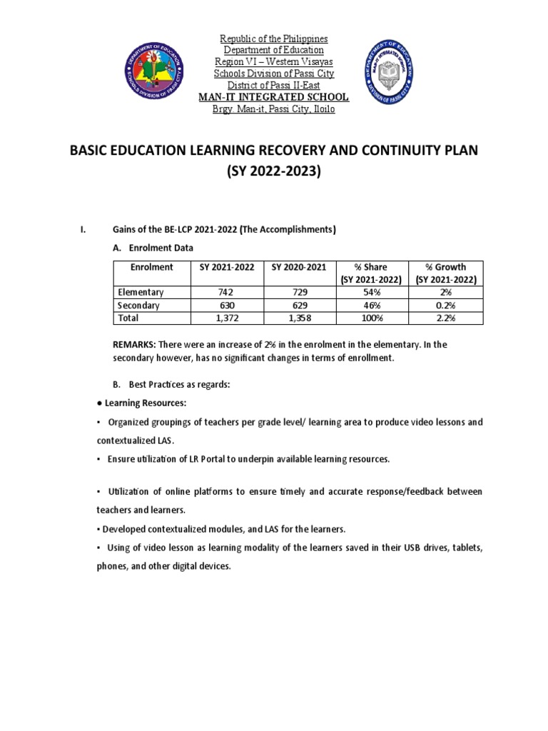 Basic Education Learning Recovery and Continuity Plan | PDF | Teachers ...