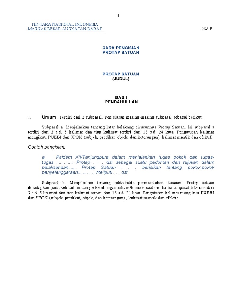 Protap Satuan TNI: Pedoman Pelaksanaan | PDF