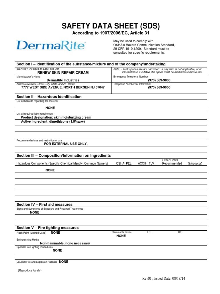 Safety Data Sheet for Renew Skin Cream | PDF | Occupational Safety And ...