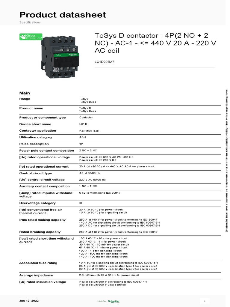 TeSys Deca Contactors - LC1D098M7 | PDF | Alternating Current | Equipment