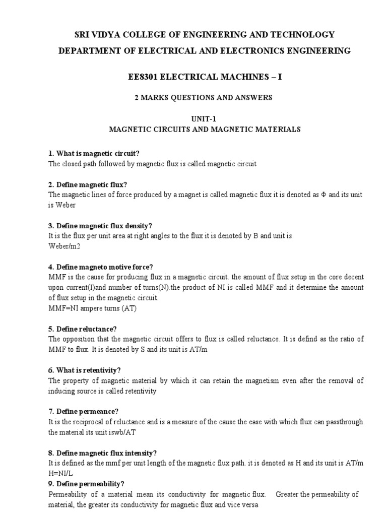 EE8301-Electrical Machines - I QB With Answer | PDF | Transformer ...