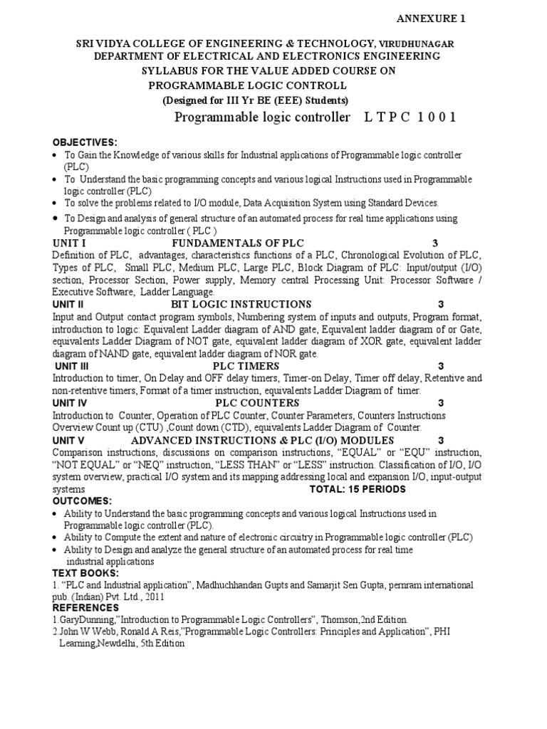 Programmable Logic Controller L T P C 1 0 0 1: Department of | PDF | Programmable Logic ...
