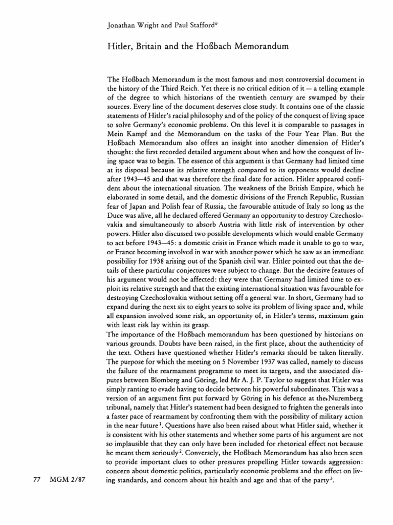 Hitler, Britain and the Hoßbach Memorandum | PDF | Adolf Hitler ...