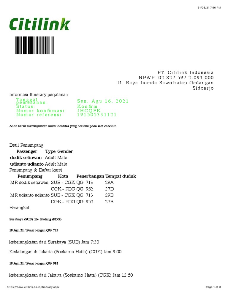 E Ticket Sub PDG 2 Paxs Dep 18 Aug | PDF