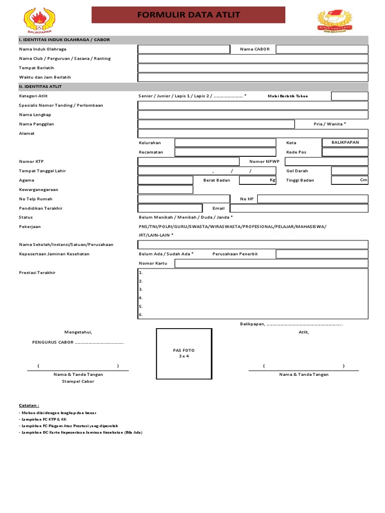 Formulir Data Atlit Induk Olahraga | PDF