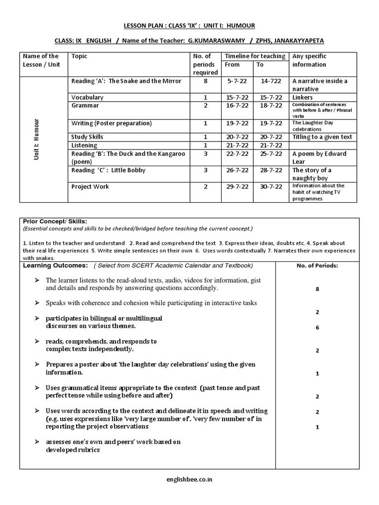 Class IX English Lesson on Humour | PDF | Lesson Plan | Teachers
