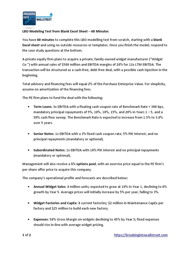 LBO Modeling Test From Blank Excel Sheet - 60 Minutes | PDF | Leveraged ...
