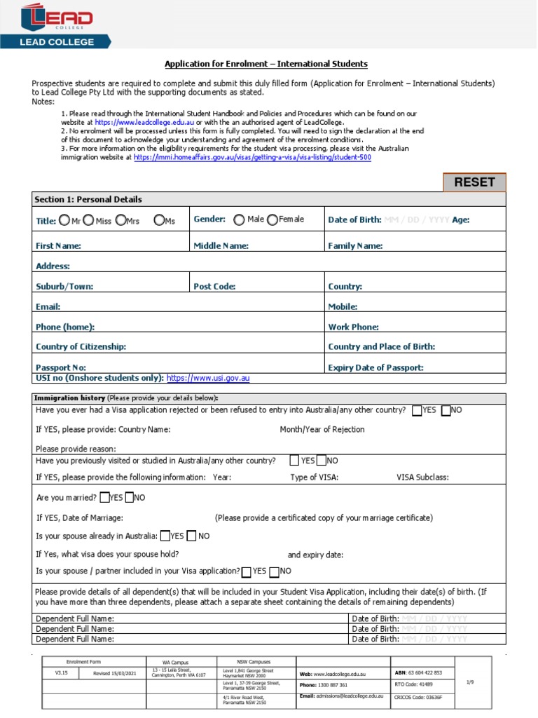 Lead College EnrolmentForm - v3.15 - 15.03.2021 | PDF | Travel Visa ...