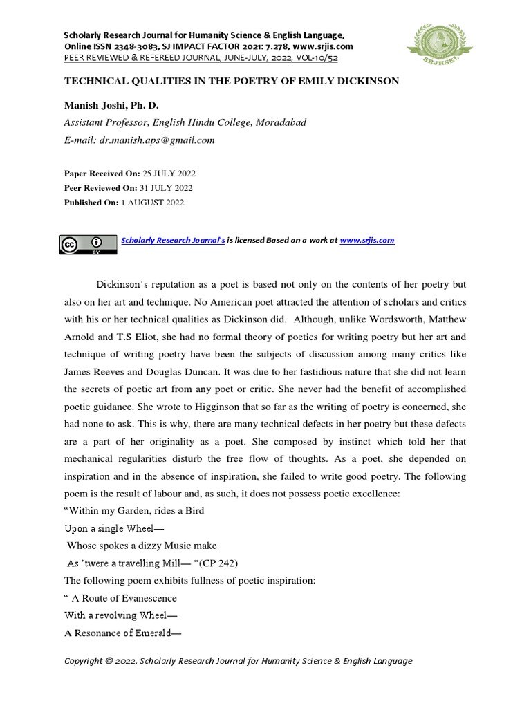 Technical Qualities in The Poetry of Emily Dickinson | PDF | Emily ...