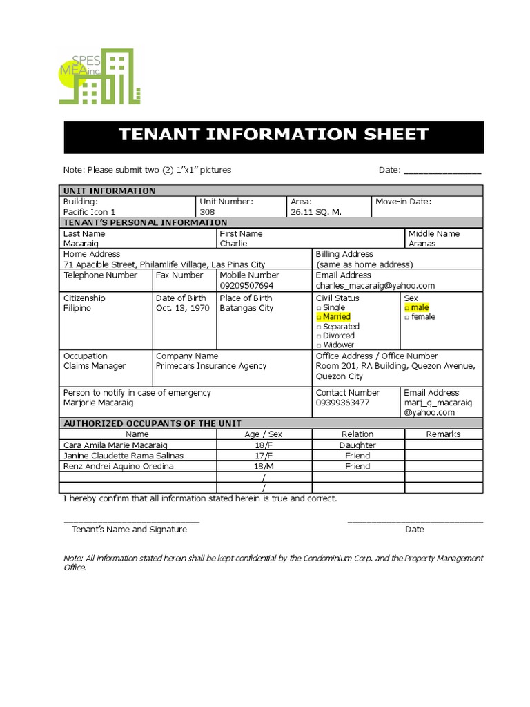 Unit 308 Tenant Information Sheet | PDF