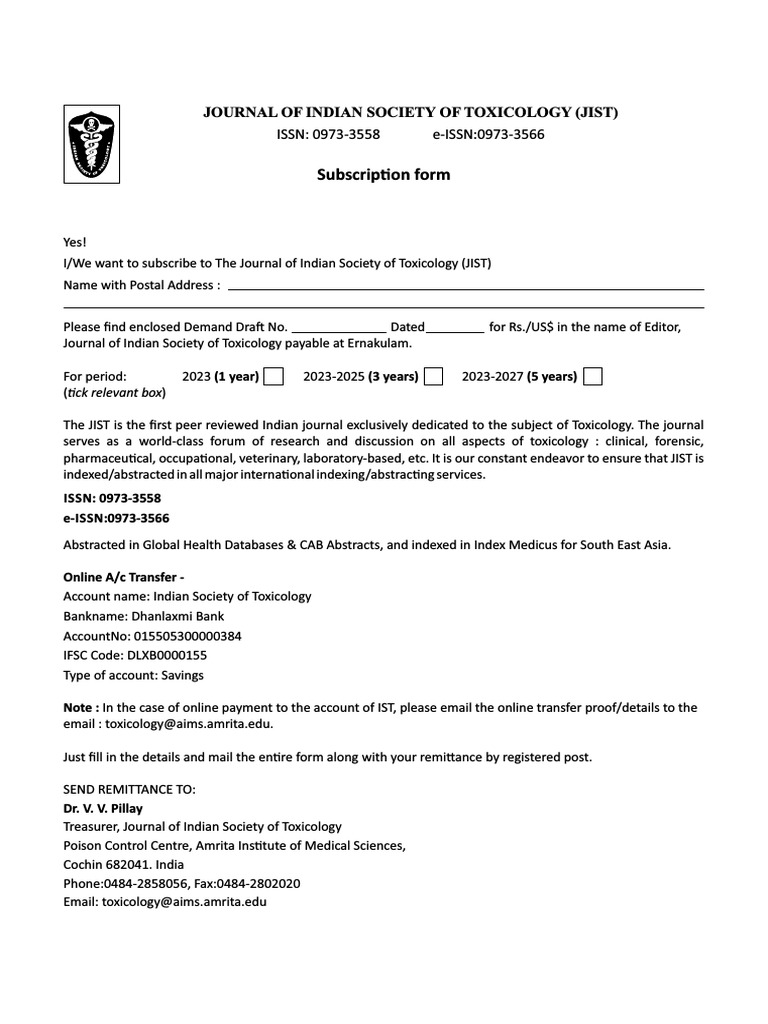 Subscrip On Form: Journal of Indian Society of Toxicology (Jist) | PDF ...