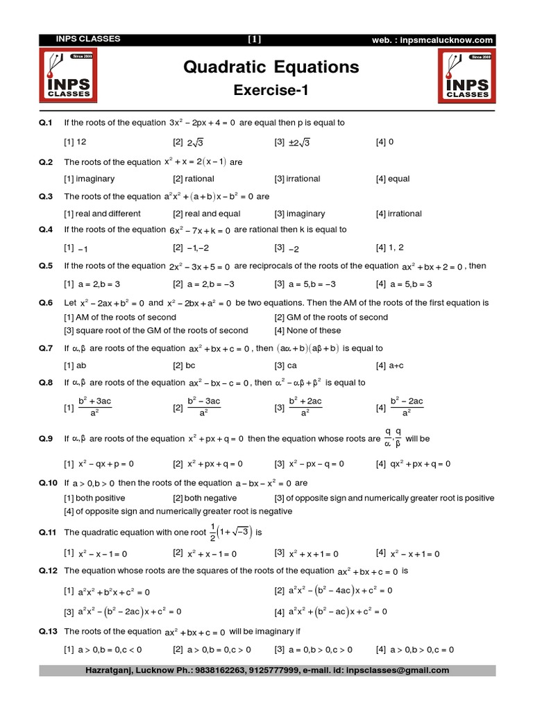 Quadratic Equation Assignment | Download Free PDF | Quadratic Equation ...