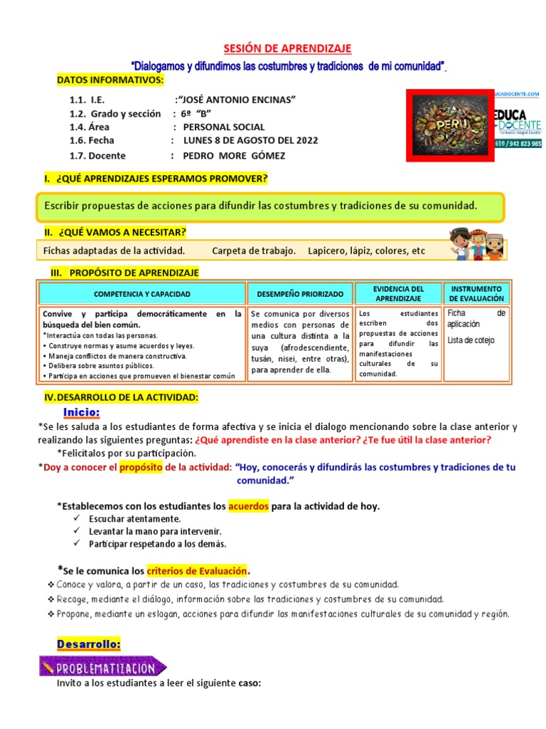 SESION "Dialogamos y Difundimos Las Costumbres y Tradiciones de Mi ...
