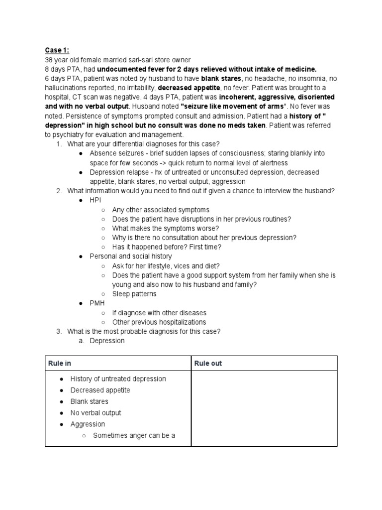 Case 1:: Rule in Rule Out | PDF | Mental Disorder | Major Depressive ...