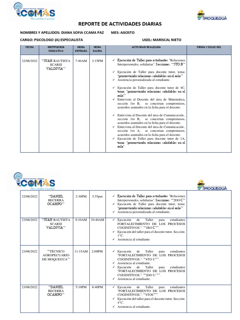 Reporte de Actividades Diarias 222 de Agosto Modific | PDF