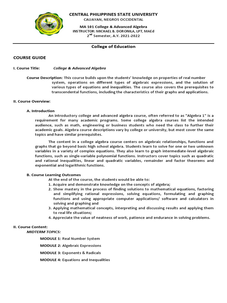 Ma 101 Course Guide | PDF | Equations | Algebra