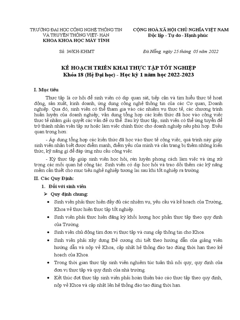 34-Ke Hoach Thuc Tap Tot Nghiep K18 | PDF