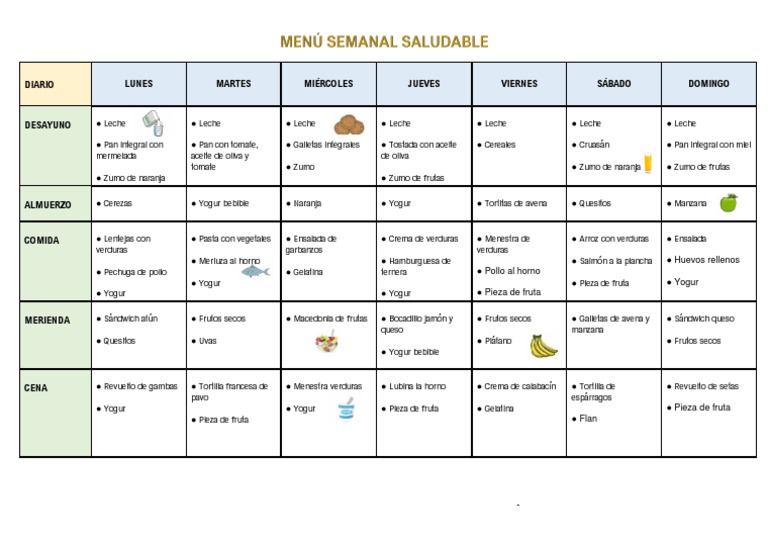 Menú Semanal Saludable | PDF | Alimentos | Preparación de comida y bebida