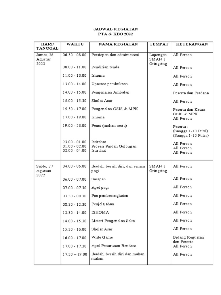Jadwal Kegiatan Pta Kbo 22 | PDF