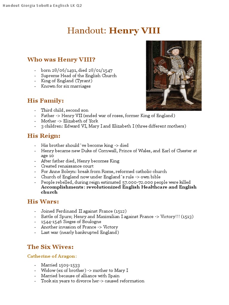Henry VIII Handout | PDF | House Of Dinefwr | English Royalty