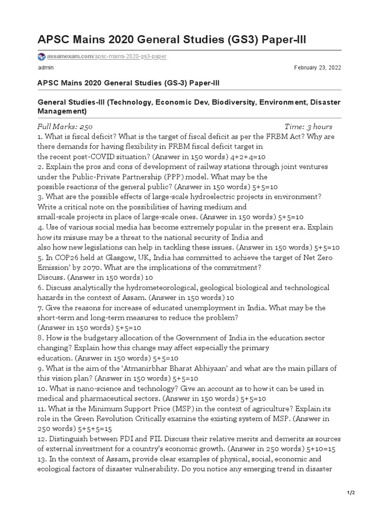 APSC Mains 2020 General Studies GS3 Paper-III | PDF | Biodiversity ...