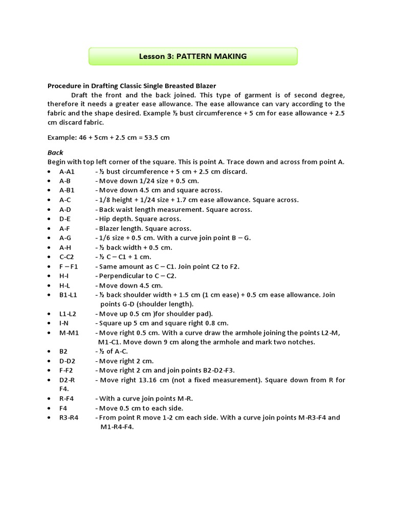 Lesson 3: Pattern Making: Procedure in Drafting Classic Single Breasted ...