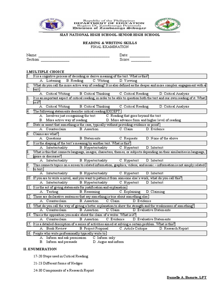 4th Grading Examination Reading Writing Pdf Critical Thinking