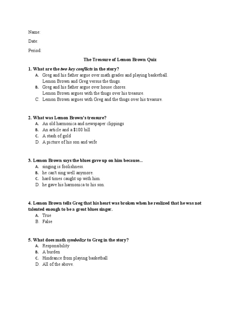 The Treasure of Lemon Brown Quiz | PDF