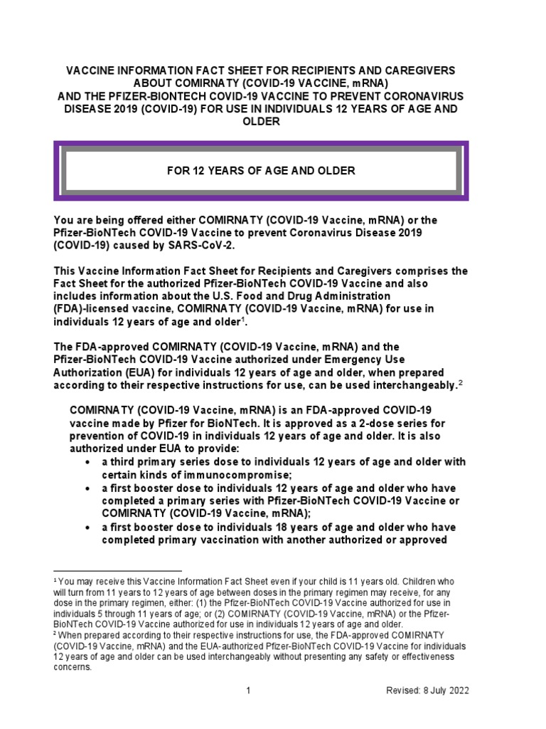 EUA 27034 - Pfizer Fact Sheet For Recipients - 12-15y Approval | PDF ...