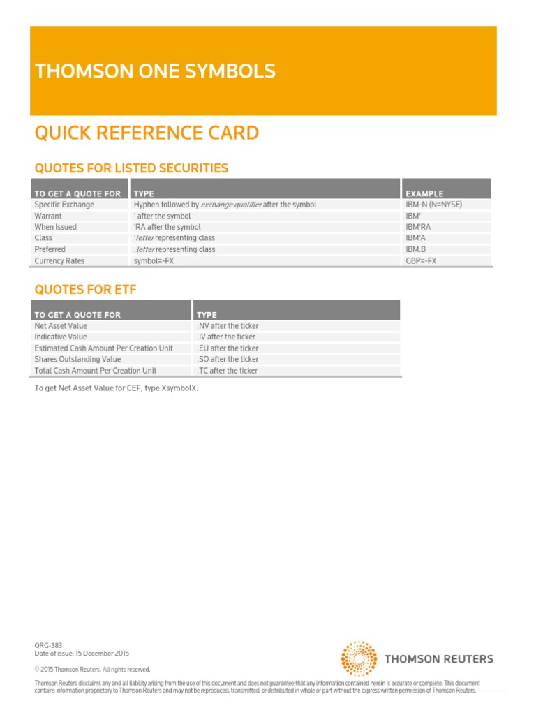 Thomson One Symbols: Quick Reference Card | PDF | Dow Jones Industrial ...