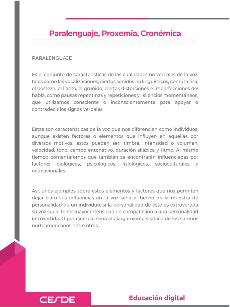 Paralenguaje, Proxemia, Cronémica | PDF