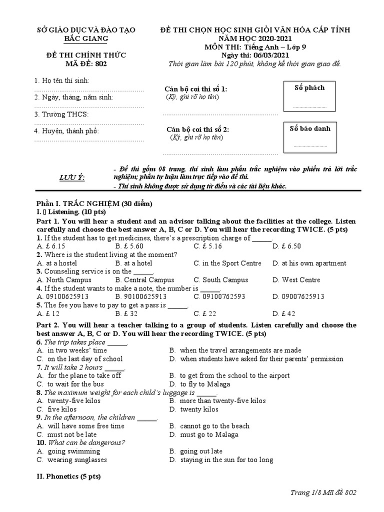 ĐỀ HSG ANH LỚP 9 năm 2021 - 802 | PDF